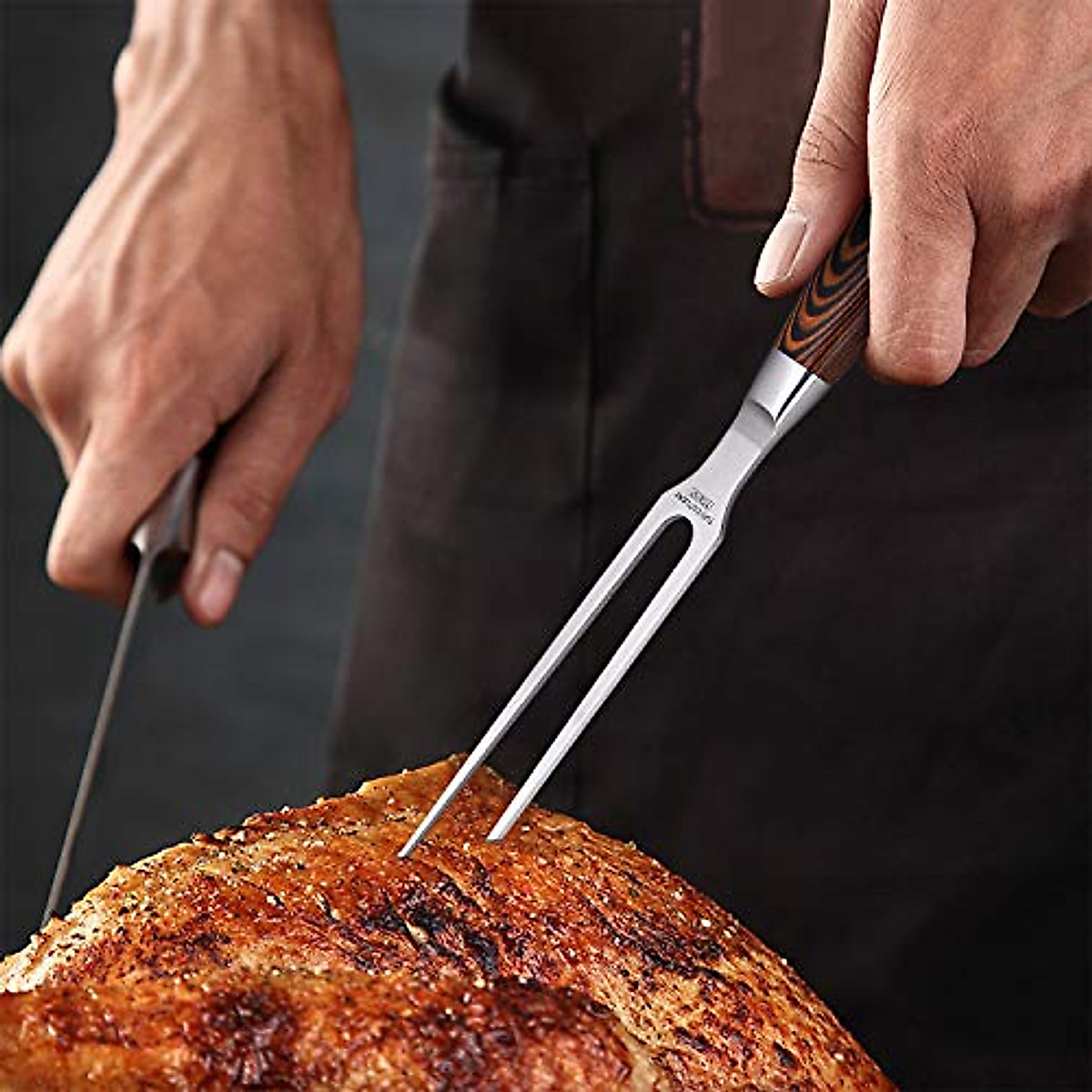 TUO Carving Fork - 7 inch Sharp Meat Fork Barbecue Forks Meat Cooking Fork for Roast Poultry & BBQ Party - German Stainless Steel & Ergonomic Pakkawood Handle - Fiery Series Gift Box Included