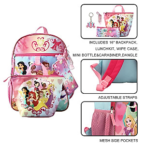 Disney Princesses Backpack With Lunch box set for kids 6 Piece