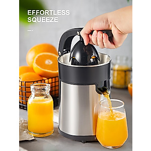 Electric Citrus Juicer Squeezer, Orange Juicer with Two Interchangeable Cones, Suitable for orange, lemon and Grapefruit, Brushed Stainless Steel, Easy to Clean and Use (Black+Silver)