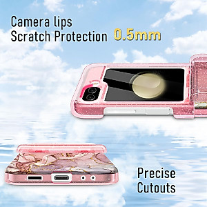 Btscase for Samsung Galaxy Z Flip 5 Case,Built in Front Screen Protector,Gold Glitter Marble Pattern Hard PC Slim Shockproof Full Body Drop Protective Case for Galaxy Z Flip 5 5G (2023), Rose Gold