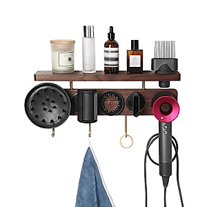 Affogato Walnut Storage Holder Compatible with Dyson Supersonic Hair Dryer and Attachments, Wall Mount Holder with Shelf Organizer for Bathroom Bedroom, Walnut Wood