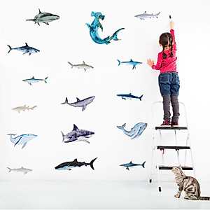 18 Pieces Sharks Peel Shark Wall Decals Removable Wall Stickers Animal Shark Decal Stickers Sea Theme Wall Decor Sticker for Room Bathroom Nursery Home Decor (Cute Style)