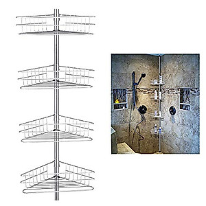 Gdrasuya10 4-Tier Bathroom Shower Shelf Rack storage basket with hook Constant Tension Corner Shower Caddy Shower Tension Pole Caddy 4-Shelf Rustproof Shower Tension Pole Caddy