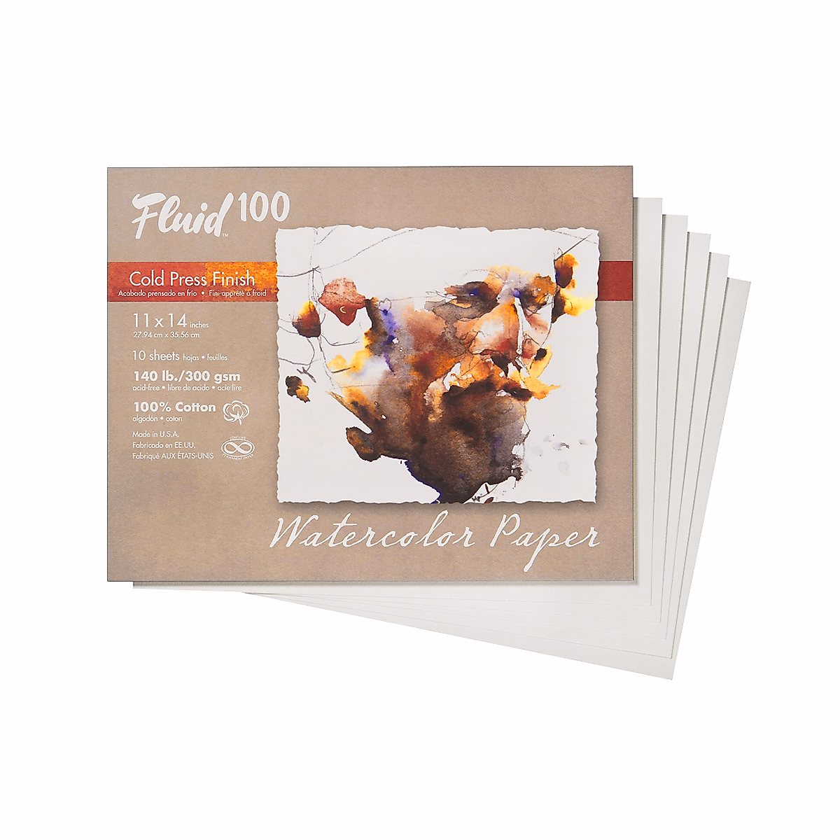Fluid 100 Artist Watercolor Paper, 140 lb (300 GSM) 100% Cotton Cold Press for Watercolor Painting and Wet Media, 11 x 14 Pochette, 8 Sheets