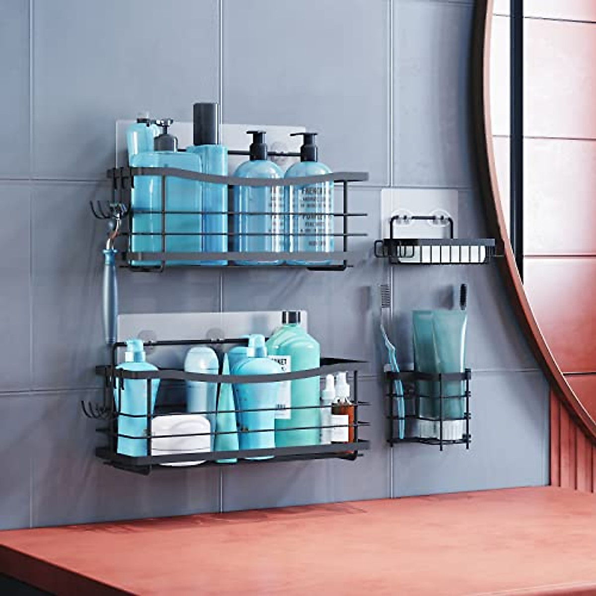 Virgorack Stainless Steel Adhesive Shower Caddy, Bathroom Basket Shelf with Soap and Toothbrush Holder, Wall Mounted No Drilling Storage Organizer Racks with Hooks (Black 4 Pack)