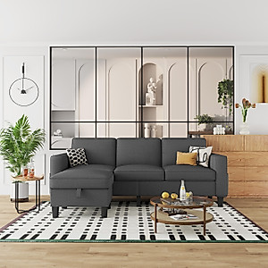 ZeeFu Convertible Sectional Sofa Couch: Dark Gray 3Seat L-Shaped Sectional Sofa Couches with Storage Ottoman - Modern Linen Fabric Small Sofa Furniture Set for Living Room Office Small Space Apartment