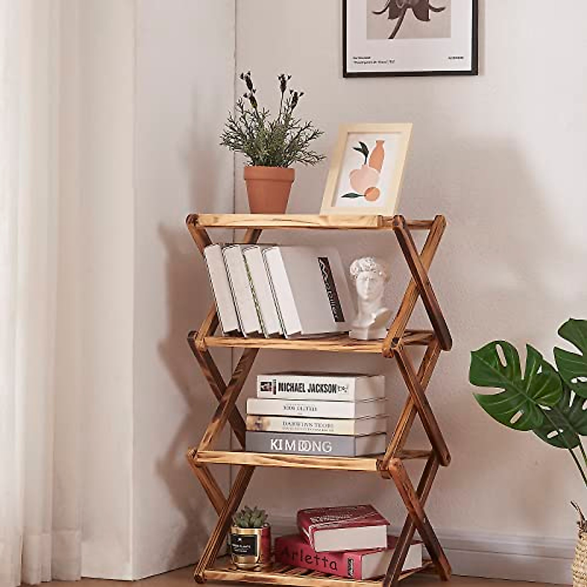 KINBEAR 4-Tier Foldable Storage Shelves,Rack Organizer and Shelving Unit for Small Spaces in Bathroom Kitchen and Pantry,Wood Lacquer Finish