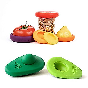Food Huggers Zero Waste Starter Kit - (7 Pieces) -Avocado Hugger Saver Covers (Set of 2) + Reusable Silicone Food Savers Autumn Harvest (Set of 5), Dishwasher Safe, Keeps Food Fresh
