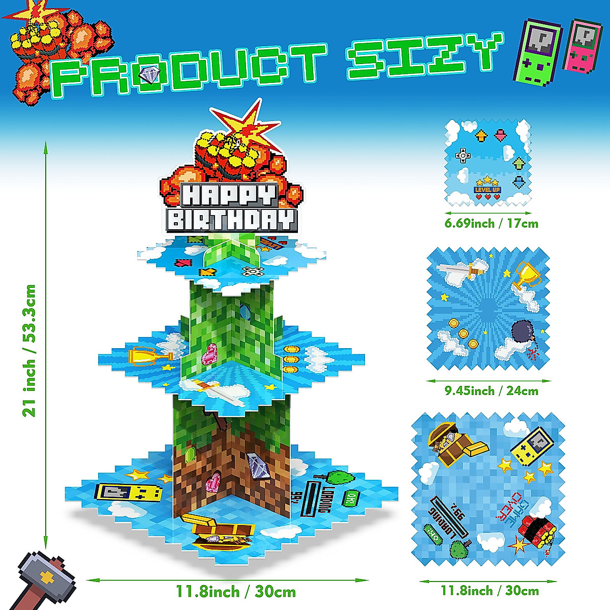 3-Tier Pixel Game Style Cupcake Stand,Mining Birthday Party Decoration Cardboard Cupcake Stand, Dessert Holder Display for Birthday Party Supplies