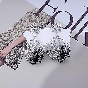 Sttiafay Gothic Spider Web Drop Earrings Black Spider Dangle Earrings Silver Spiderweb Earrings Onyx Spider Earrings Exaggerated Halloween Earrings Jewelry for Women and Girls