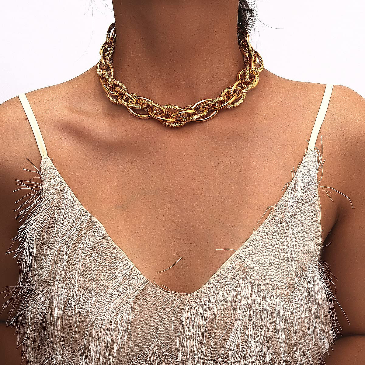 Inactwin Chunky Gold Chain Necklace Heavy Silver Chain Necklace Punk Choker Rectangle Curb Cuban Link Necklace Women (Golden)