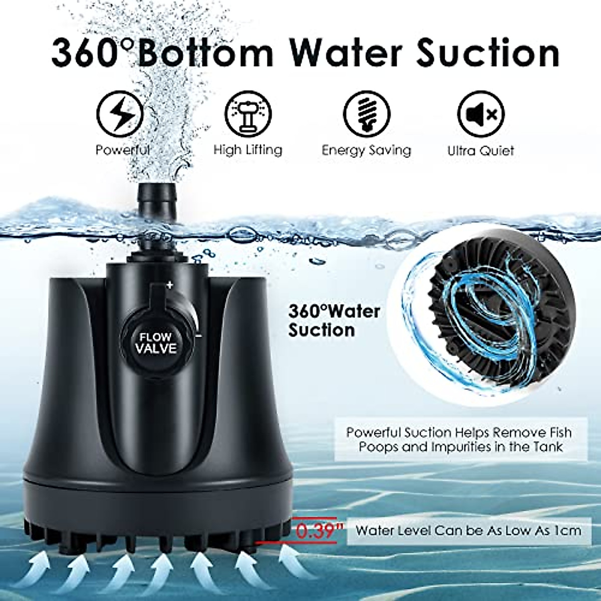 AQQA 265-800 GPH Submersible Aquarium Water Pump with Adjustable Switch, Water Removal and Drainage Sump Cleaning Pump with 2 Nozzles for Aquarium, Pond, Fish Tank, Hydroponics, Backyard (25W 400GPH)