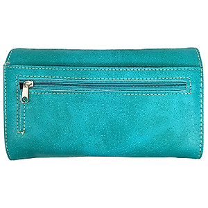 Justin West Tooled Leather Laser Cut Rhinestone Cross Studded Shoulder Concealed Carry Tote Style Handbag Purse (Turquoise Trifold Wallet)