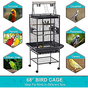 Kinsuite Large Bird Cage with Play Top, 68 Inch Iron Parrot Bird Cage with Rolling Stand for Parakeets Lovebird Cockatiel Pet Birds, Black