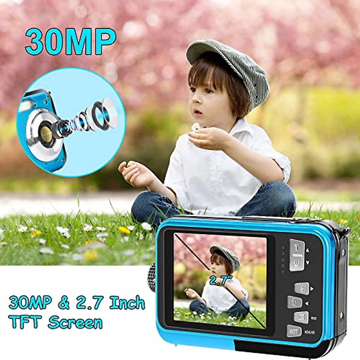 Digital Camera with 32GB Card Point and Shoot Waterproof Camera 10FT 30MP 1080P FHD Video Compact Portable 16X Zoom Waterproof Digital Camera for Kids（Blue）