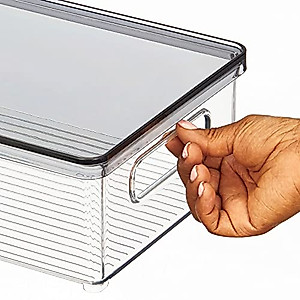 mDesign Plastic Stackable Bathroom Cabinet Storage Bin with Handles/Lid - Bin for Vanity, Countertop, Drawer Organization - Hold Soap, Towels, Accessories, Ligne Collection, 2 Pack, Clear/Smoke Gray