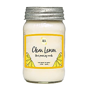 Aira Soy Candles - Organic, Kosher, Vegan, in Mason Jar w/ Therapeutic Grade Essential Oil Blends - Hand-Poured 100% Soy Candle Wax - Paraffin Free, Burns 110+ Hours - Clean Lemon - 16 Ounces