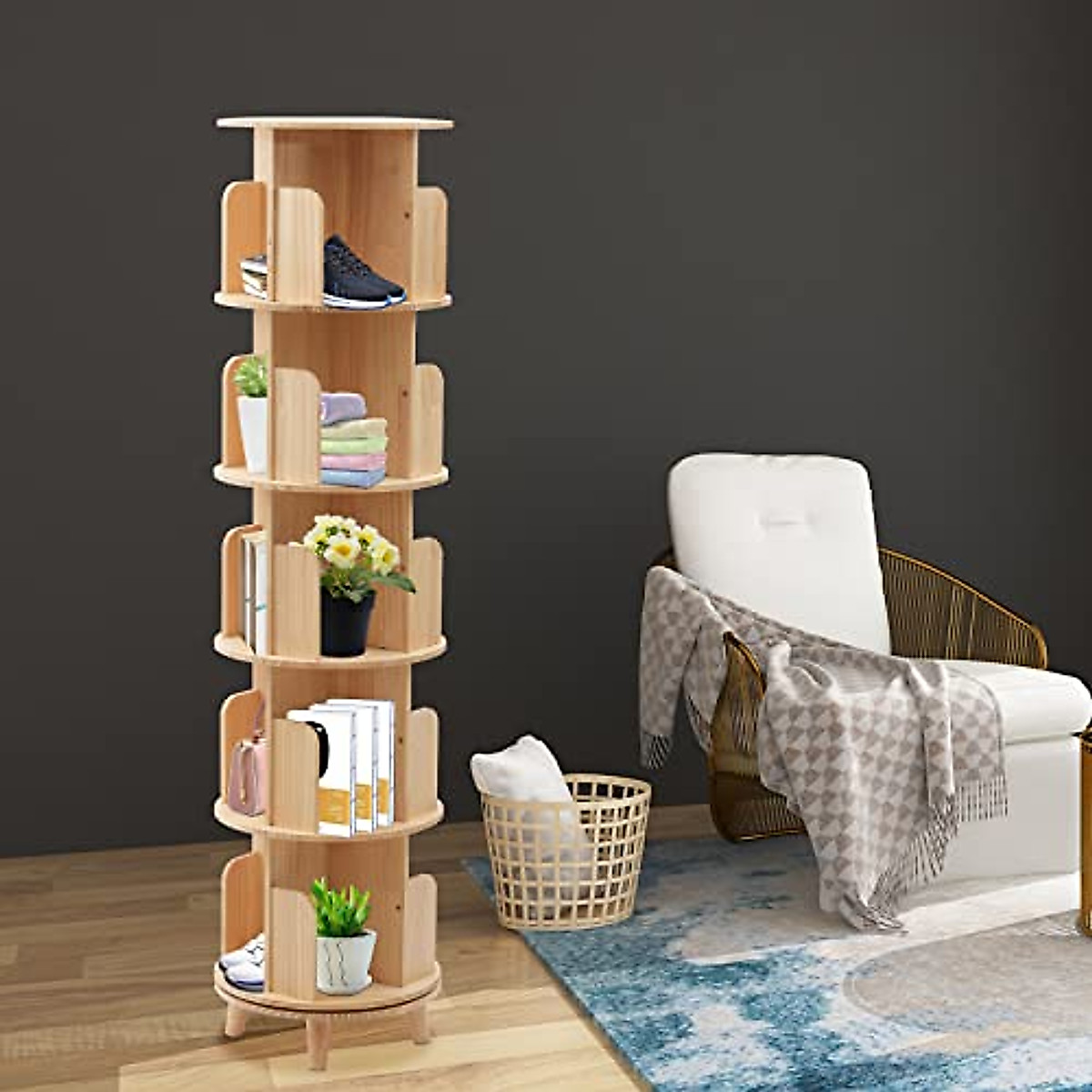 Futchoy Rotating Bookshelf, 360 5-Tier Display Floor Standing Bookcase Storage Rack for Kids&Adults Multi-Functional Bookshelf Organizer