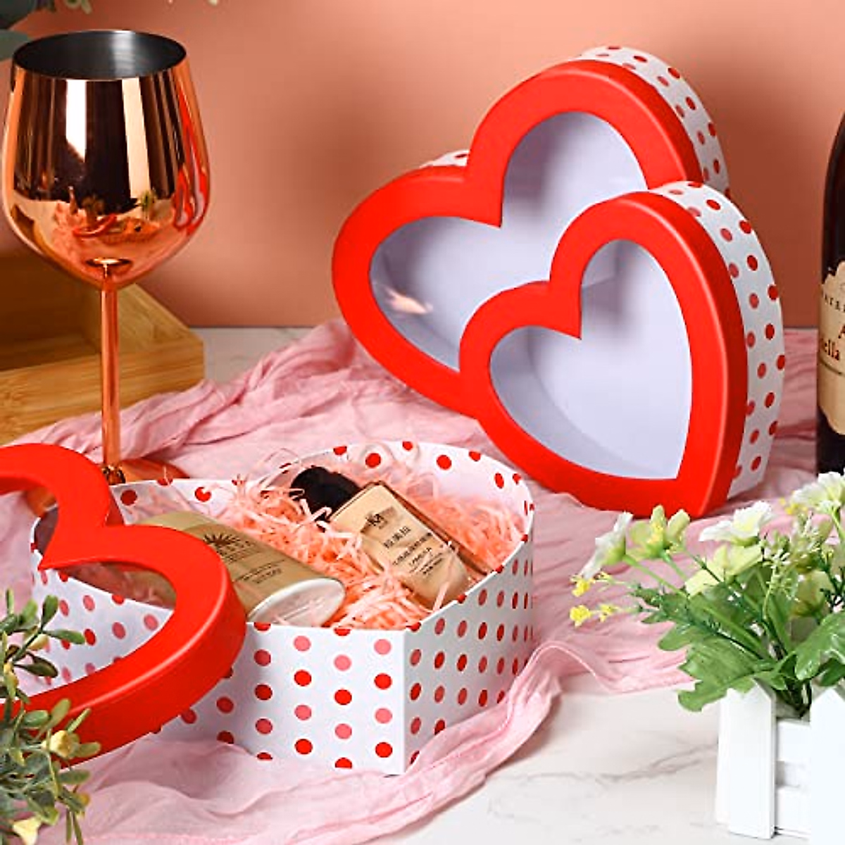 9 Pieces Mother's Day Heart Shaped Gift Boxes with Transparent Window Red Heart Dot Flower Boxes Cardboard Floral Gift Goody Box for Holiday Decorative Present Wrapping Packaging, 3 Sizes