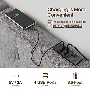 GREENSTELL Wall Mount Headboard with USB for Queen/Full Size Bed, Linen Fabric Headboard Only, Industrial Pipe Modern Style, Gray Hanging Head Boards, Comfortable, Button Upholstered for Bedroom