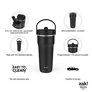Zak Designs Harmony 2-in-1 Coffee Tumbler for Travel or At Home, 30oz Recycled Stainless Steel is Leak-Proof When Closed and Vacuum Insulated with Handle (Ebony Black)