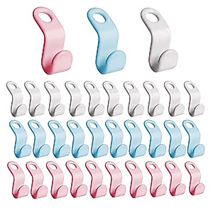 SDUSEIO 30 Pieces Clothes Hanger Connector Hooks Hanger Clip Drop Connecting Grip Clothing Rack Extension Space Saving Hook Home Storage Hook for Coat Hangers Organizer,White+Pink+Blue