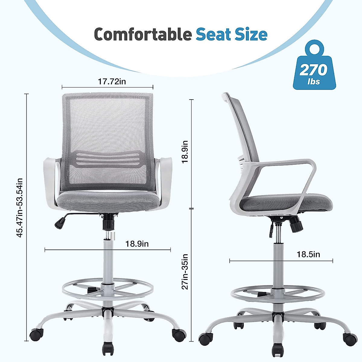 JHK Tall Drafting Home Office Computer Standing Desk Chair with Adjustable Foot Ring and Breathable Mesh, Ergonomic Lumbar Support Armrest, Grey