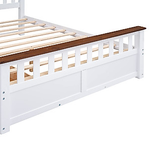 FANYE Queen Size Soild Wood Platform Bed Wooden Bedframe with Two Storage Drawers and Wood Slat Support, White+Walnut