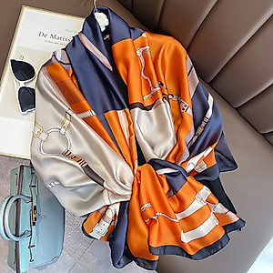Aufeel Fashion Scarves 100% Silk Felling Scarf Long Lightweight Sunscreen Shawls Wrap for Women Hair Scarves (Orange Blue)