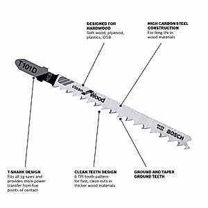 Bosch T101D 5-Piece 4 In. 6 TPI Clean for Wood T-Shank Jig Saw Blades