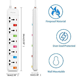 Mscien European Travel Plug Adapter Individual Switched, 5 Way Universal Power Strip with 1.8M Extension Cord