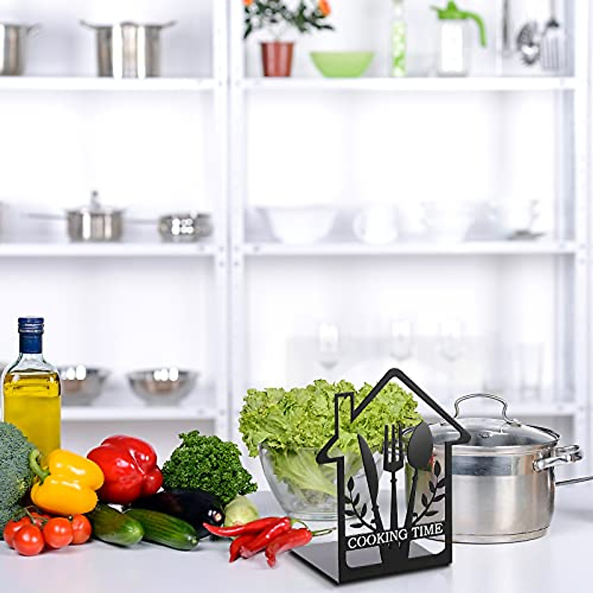 Hotop, Cookbook Bookends Fork Knife Spoon Decor Metal Bookends Supports Holders for Shelves Kitchen Book Cookbook Storage Cooking Time House Appearance Design Modern Functional Chef Housewarming