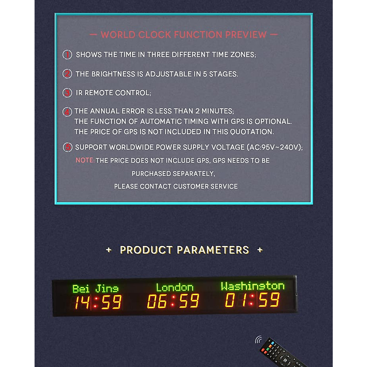 THINKHONGHAO Zhong Xiaoxiao Brand LED red and Green Digital Electronic 3 City World Clock Summer Digital World Clock displays time Brightness at Different Times