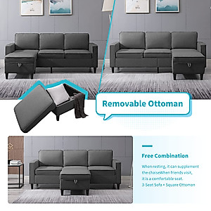 CECER Sectional Sofa, Convertible Couch, L-Shaped Couch with Storage Ottoman, Linen Fabric 3-seat Couches with Movable Ottoman, Chasie Lounge for Small Space-Apartment/Living Room (Dark Grey)