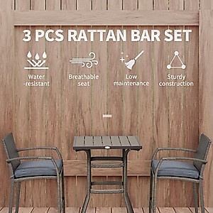 Outsunny 3 PCS Rattan Wicker Bar Set with Wood Grain Top Table and 2 Bar Stools for Outdoor, Patio, Poolside, Garden, Grey