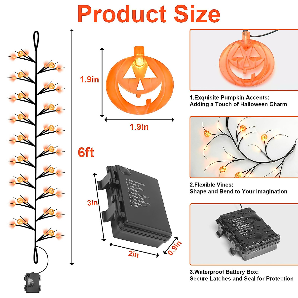 BOLWEO Halloween Willow Vine Twig Garland Lights, 6ft Pumpkin Lights Battery Operated with Timer 8 Modes Waterproof Halloween Decorations for Wall Window Door