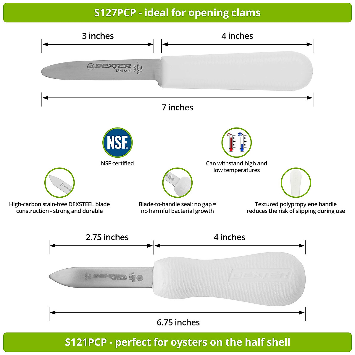 Dexter Russell Oyster Knife (S121PCP) - 2.75" and Dexter Russell Clam Knife (S127PCP) - 3" Sani-Safe Series w/ Oyster Shucking Gloves, 2 Paper Coasters, Ebook Bundle