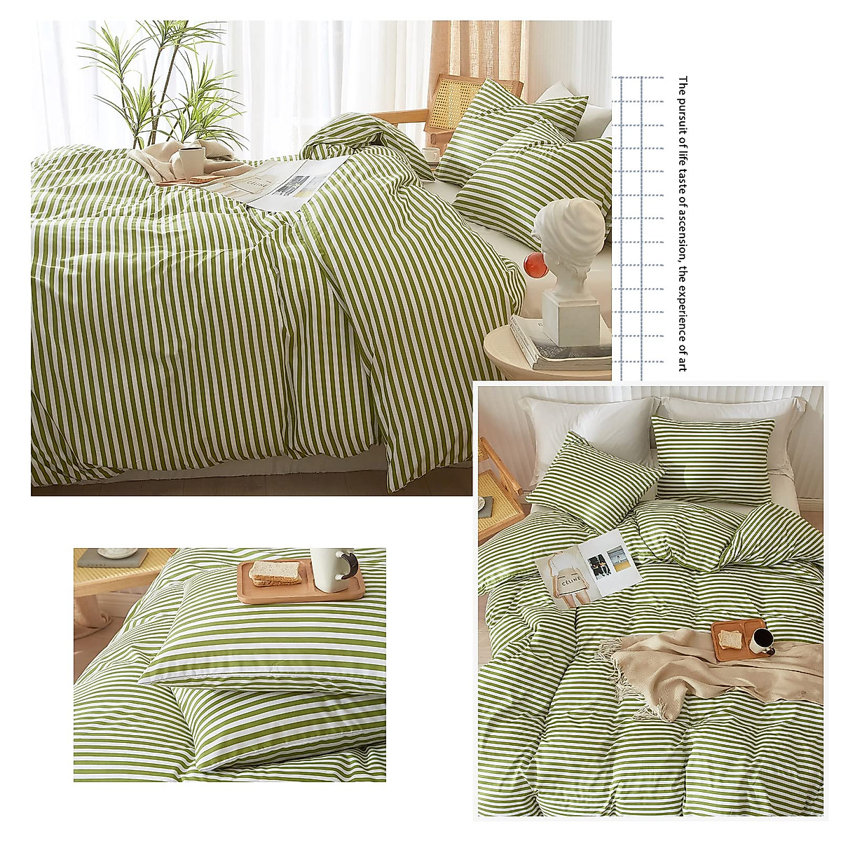 EAVD Duvet Cover Twin Green Striped Duvet Cover Soft Microfiber Green and White Striped Bedding Set with 2 Pillowcases Reversible Geometric Striped Comforter Cover with Zipper Closure