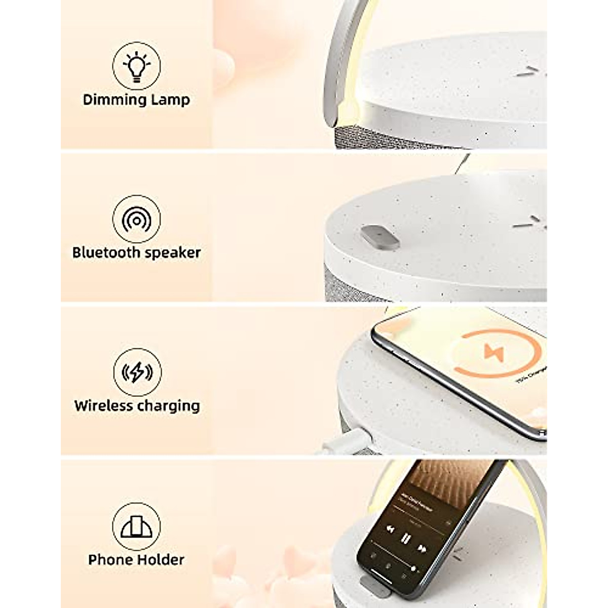 LED Night Light, EZVALO Music Bedside Lamp with Wireless Charger, 4 in 1 Touch Lamp, Portable Bluetooth Speaker, Phone Holder, Dimmable Wireless Charging Lamp Birthday Gifts for Women, Men, Dad, Mom