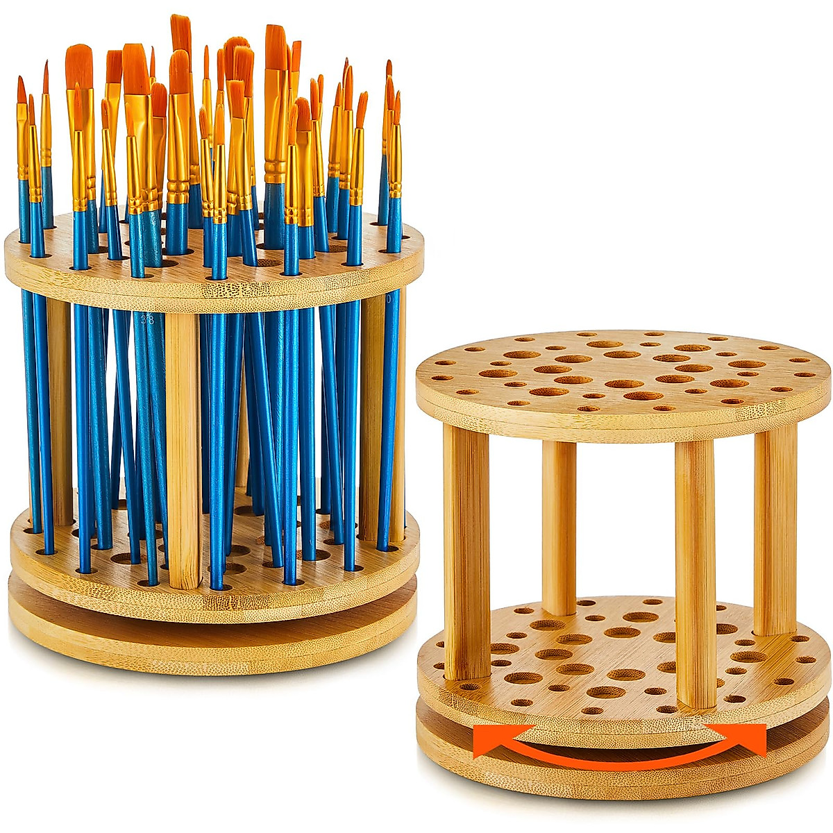 Beeveer 2 Pieces 360 Rotating Paint Brush Holder 40 Holes Wooden Paint Brush Organizer Large Capacity Paint Brush Holder for Artist Paint Brush Storage for Desk Arts Crafts Supply Organizer
