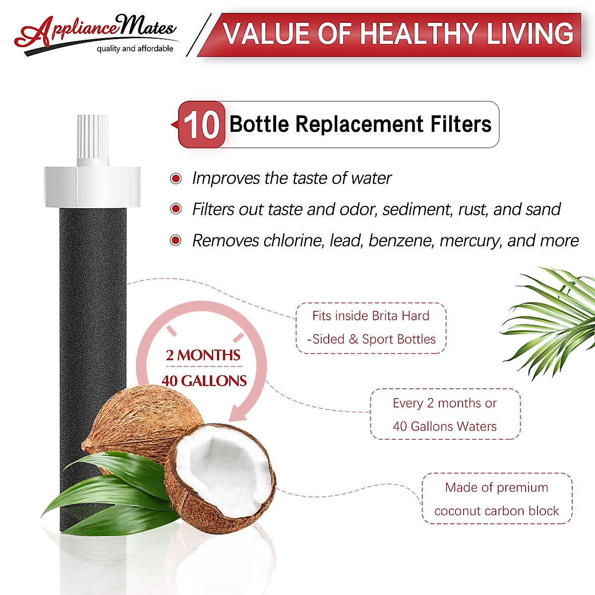 Water Bottle Filter Replacement for Brita, 10 Packs Bottle Filters Replacement for Brita BB06，Compatible with Brita Insulated Filter Stainless Steel and Plastic Water Bottle by APPLIANCEMATES