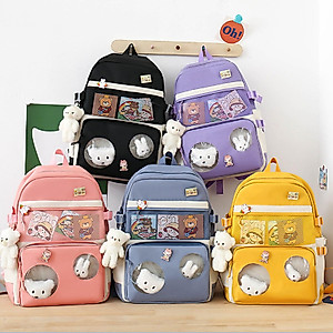 Aiyify 5Pcs Kawaii Backpack Cute Backpack for School Aesthetic Backpack Kawaii School Supplies Backpack Set with Accessories (Black)…