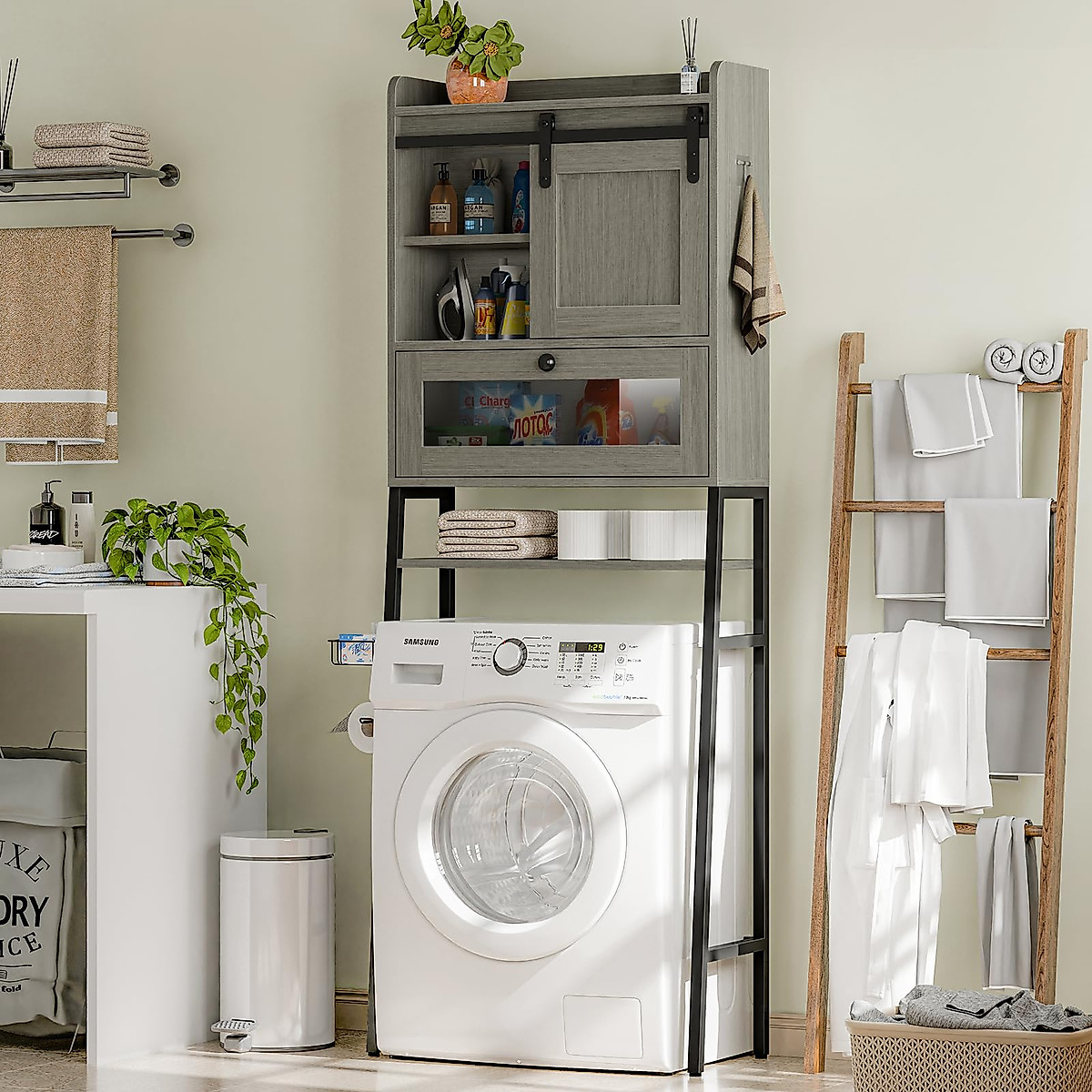 Over The Toilet Storage Cabinet, Storage Cabinet Over Toilet with Sliding Door & Toilet Paper Holder Stand, Freestanding Toilet Shelf Washer Shelf Space Saver Wood Cabinet with Metal Stand, Grey