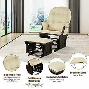 Costzon Baby Glider and Ottoman Cushion Set, Wood Baby Rocker Nursery Furniture for Napping, Nursing, Reading, Upholstered Comfort Nursery Chair w/Padded Armrests & Detachable Cushion (Beige)