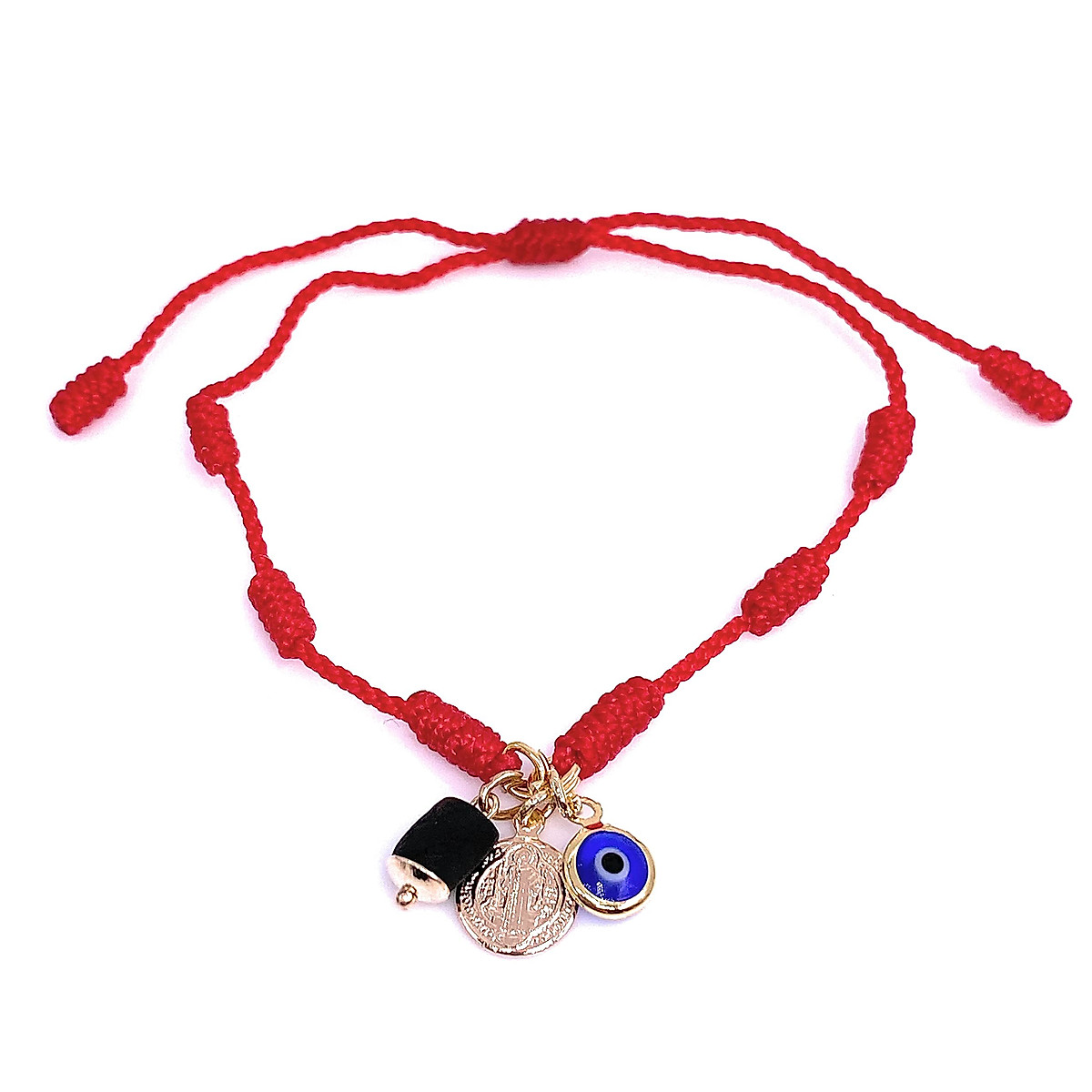 LESLIE BOULES Red Thread Saint Benedict Bracelet Blue Evil Eye & Genuine Azabache Stone Pendants Handmade Jewelry