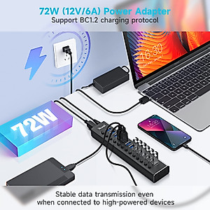 Powered USB Hub, ikuai 13 Port Aluminum USB 3.0 Hub with 72W (12V/6A) Power Adapter, Individual On/Off Switches, USB Splitter for MacBook PC Laptop and More