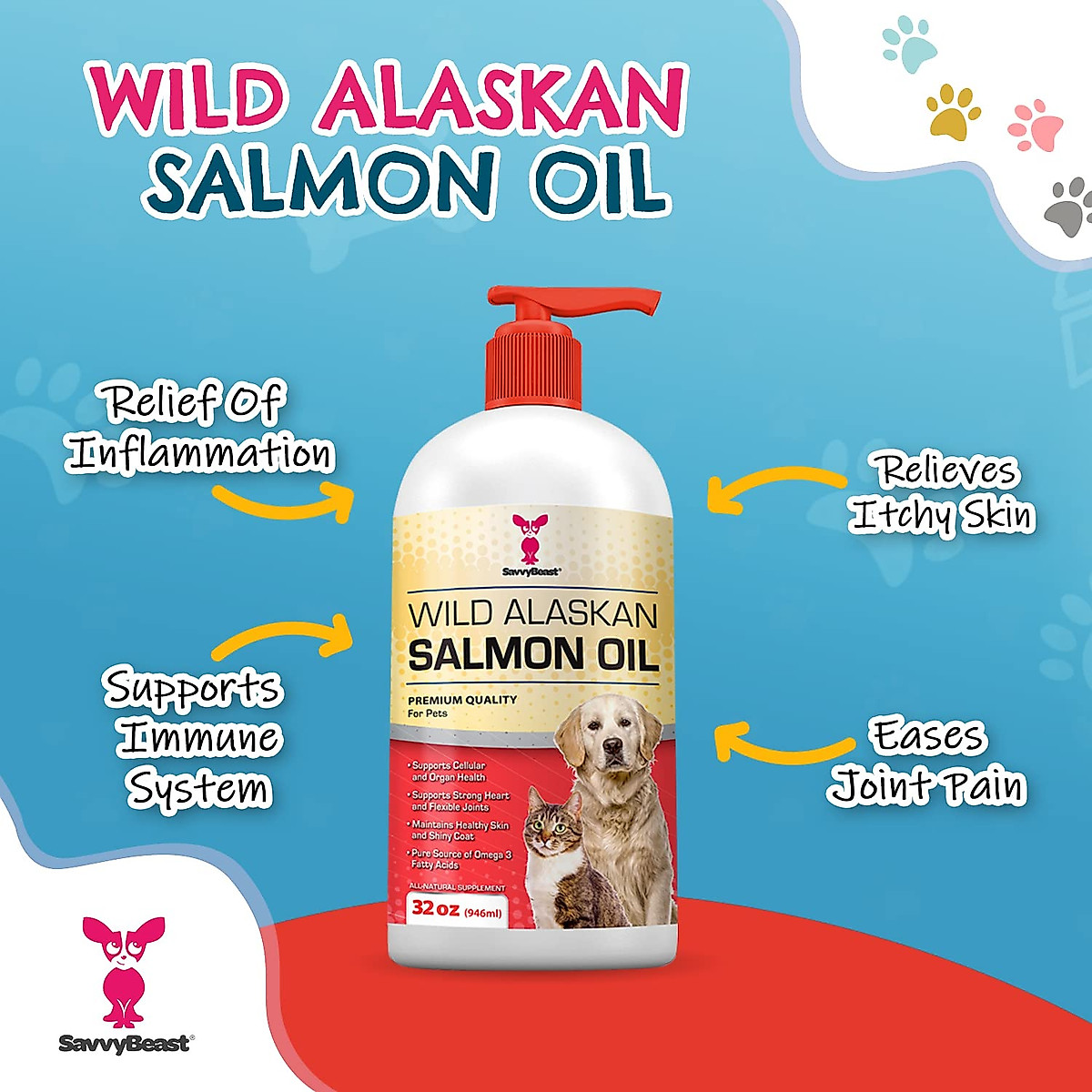 Pure Wild Alaskan Salmon Oil for Dogs, Cats, Ferrets - 32 oz Liquid Omega 3 Fish Oil, Pump on Food - Unscented All Natural Supplement for Skin and Coat, Joints, Heart, Brain, Allergy, Weight, Immune