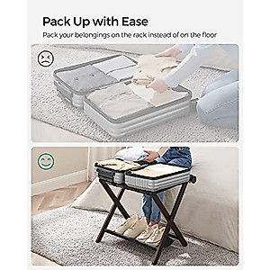 SONGMICS Luggage Rack, Folding Suitcase Stand with Storage Shelf, for Guest Room, Hotel, Bedroom, Heavy-Duty, Holds up to 131 lb, Chestnut Brown URLR007R01