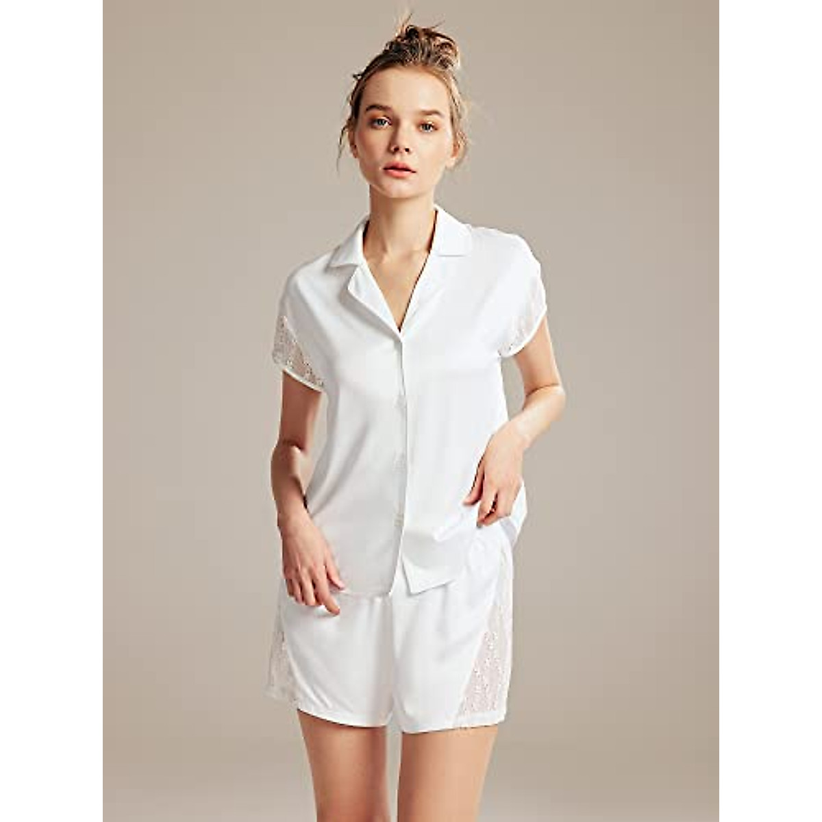 AW BRIDAL White Bride Pajamas Silk Pajama Set for Women Short Button Down Pajamas with Patchwork Lace 2Pieces PJ Set, White L