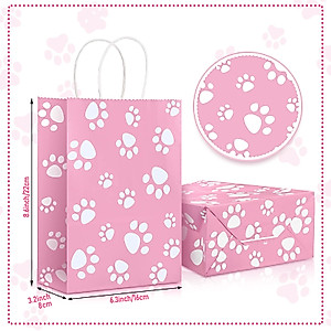 Blulu Gift Bags, 20 Pcs Paw Print Paper Bags with Twist Handles, Dog Themed Goodie Bags for Pet Party Favor, 6.3 x 3.1 x 8.6 Inch (Pink Backing)
